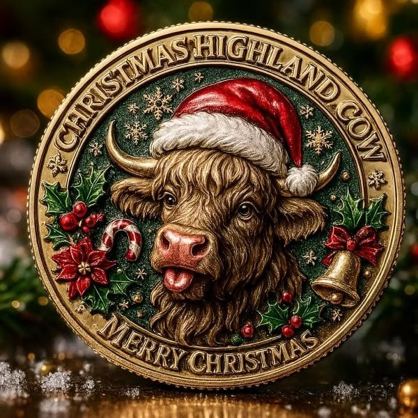 Christmas Highland Cow Challenge Coin – Artverastudio.com